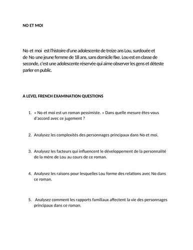 A level French No Et Moi Revision Sheet ; synopsis; mock examination ...