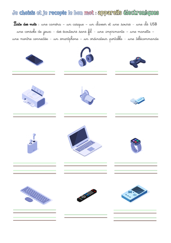 French (1st, 2nd grade, A1) Choose and copy the right word: Electronic ...