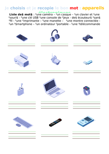 French (1st, 2nd grade, A1) Choose and copy the right word: Electronic ...
