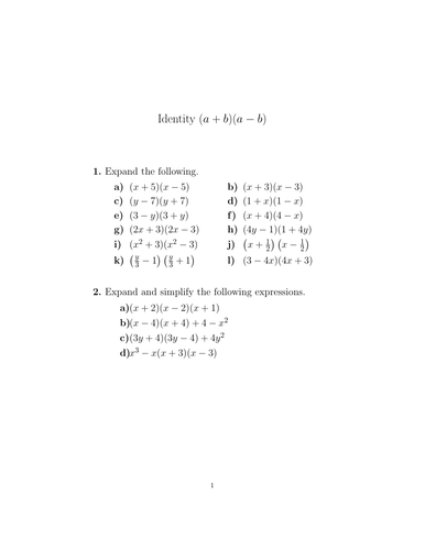 Identity (a+b)(a-b) worksheet no 4 (with solutions) | Teaching Resources