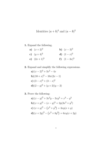 Identities (a+b)^3 and (a-b)^3 worksheet (with solutions) | Teaching ...
