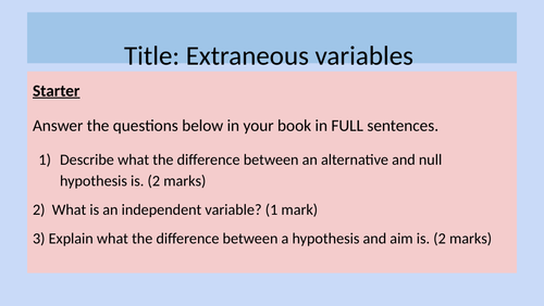 Extraneous Variables lesson (OCR GCSE Psychology) | Teaching Resources