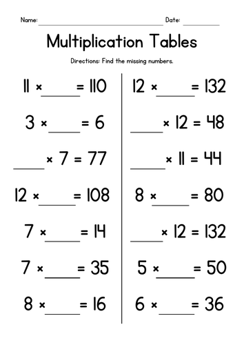 Multiplication Tables - Missing Numbers - up to 12 | Teaching Resources