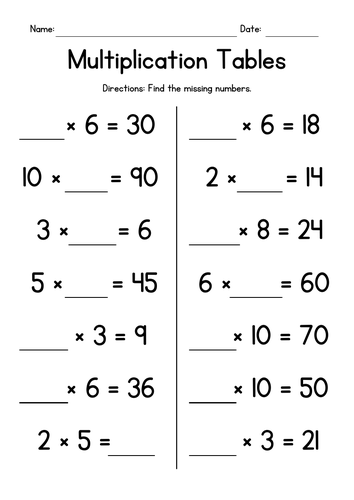 Multiplication Tables - Missing Numbers - up to 10 | Teaching Resources