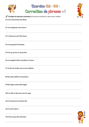[French writing] 13 incorrect sentences to correct, with answer key ...