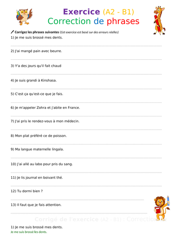 [French writing] 13 incorrect sentences to correct, with answer key ...