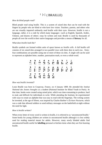 Helen Keller, Laura Bridgman, Braille and Charlotte Brown comprehension ...