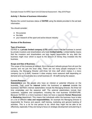 L3 BTEC Sport Unit 22: Model Answer (2018) | Teaching Resources