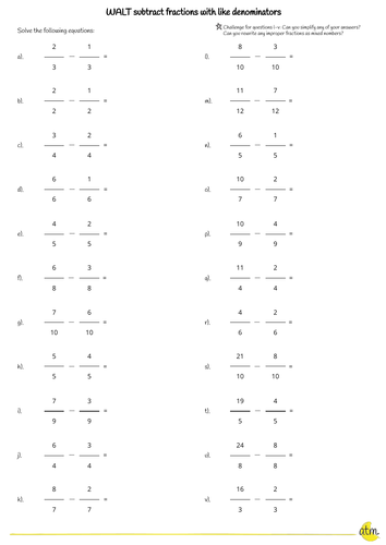 Subtracting Fractions with Like Denominators | Teaching Resources
