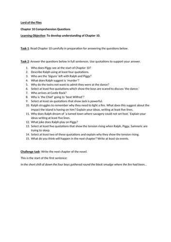 Lord of the Flies - Chapter 10 | Teaching Resources