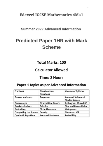 Edexcel IGCSE Maths Summer Summer 2022 Predicted Paper 1HR Advanced Information | Teaching Resources