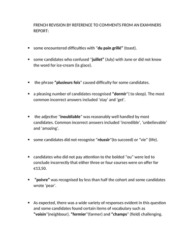 GCSE FRENCH LANGUAGE revision sheet by reference to comments from ...
