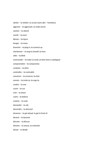 A LEVEL FRENCH Language revision sheet - extensive list of verbs ...