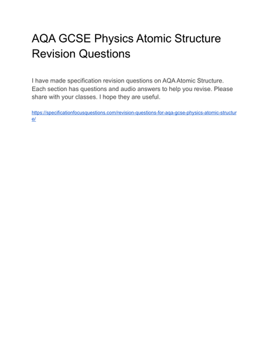 AQA Atomic Structure revision questions for GCSE Physics | Teaching ... AQA Atomic Structure revision questions for GCSE Physics | Teaching ...