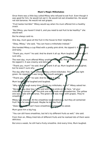 Mum's Magic Milkshakes - a short story about eating fruit | Teaching ...