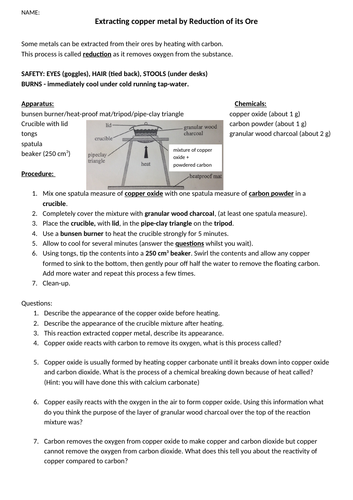 Extracting copper metal by reduction of its ore practical | Teaching ...