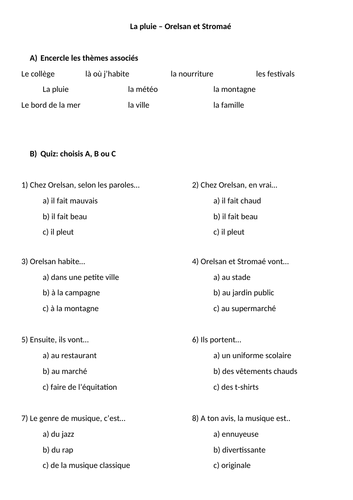 Lesson on song La pluie - Orelsan | Teaching Resources