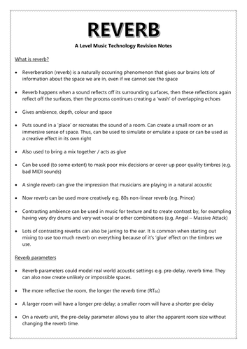 A Level Music Technology: Reverb Revision | Teaching Resources A Level Music Technology: Reverb Revision | Teaching Resources
