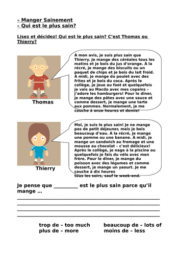 YEAR 7 FRENCH WORKSHEET - Manger Sainement | Teaching Resources