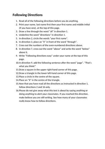 Following Directions | Teaching Resources