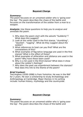 AQA: Poetry Revision Fact File - 'Bayonet Charge.' | Teaching Resources