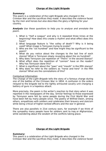 AQA: Poetry Revision Fact File - 'Charge of the Light Brigade ...