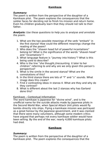 AQA: Poetry Revision Fact File - 'Kamikaze.' | Teaching Resources