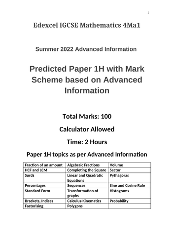 Edexcel IGCE Maths 1H Predicted Paper Summer 2022 Advanced Information | Teaching Resources