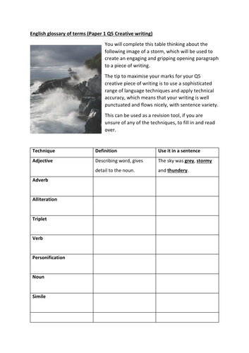 AQA Paper 1 Q5 Writing revision language techniques & punctuation Top ...