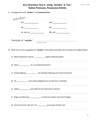 German A1 - A1.2 Grammar Review Test 3 | Teaching Resources