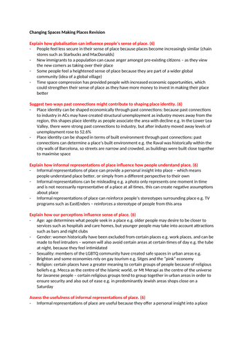 OCR A Level Geography Changing Spaces Making Places Revision Pack ...