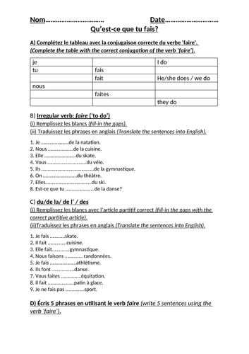 KS3 Qu'est-ce que tu fais? Worksheet (verb "faire" and partitive ...