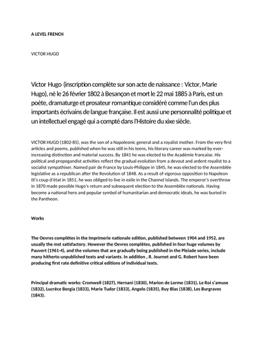 An Introduction to Victor Hugo FRENCH LITERATURE A LEVEL | Teaching ...