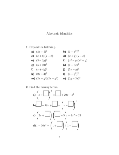 Algebraic identities worksheet no 3 (with solutions) | Teaching Resources