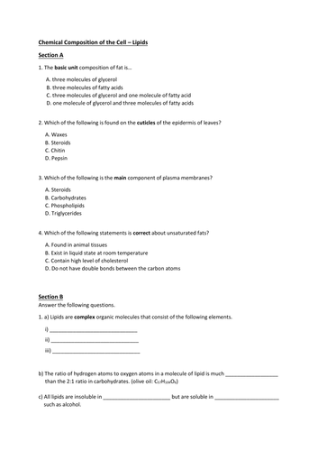 Biology: Chemical Composition of the Cell – Lipids | Teaching Resources