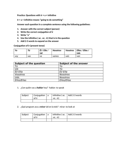 Ir a infinitive questions practice | Teaching Resources