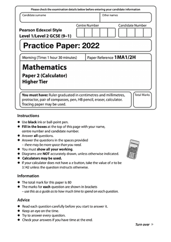 GCSE Mathematics (H): Paper 2 - Mock | Teaching Resources