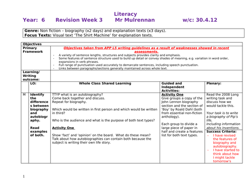 Year 6 Literacy Revision Autobiography Explanation Texts The Shirt ...