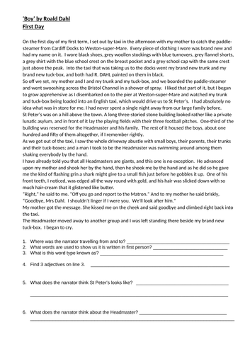 Functional skills 'The Boy' R. Dahl comprehension and narrative ...