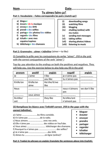 KS3 Tu aimes faire ça? Worksheet | Teaching Resources