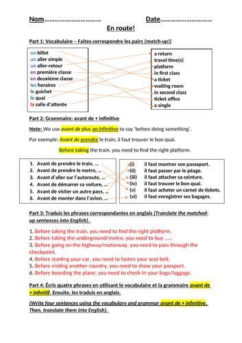 GCSE French En route Worksheet with answers | Teaching Resources