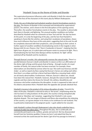 GCSE grade 9 ‘Macbeth’ Essay on the theme of Order and Disorder ...
