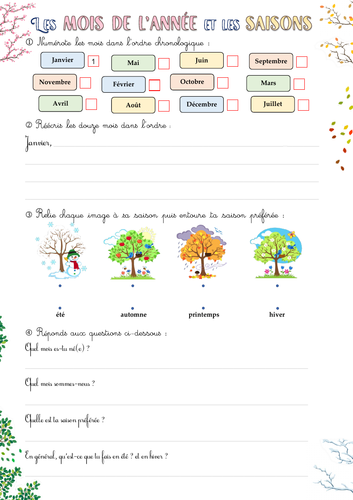 FRENCH (1st, 2nd grade, A1) Months of the year + Seasons. 4 exercises ...