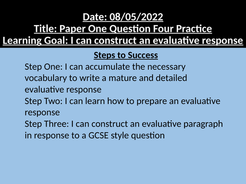 Language Paper 1 AQA: Question 4 Evaluation Skills | Teaching Resources