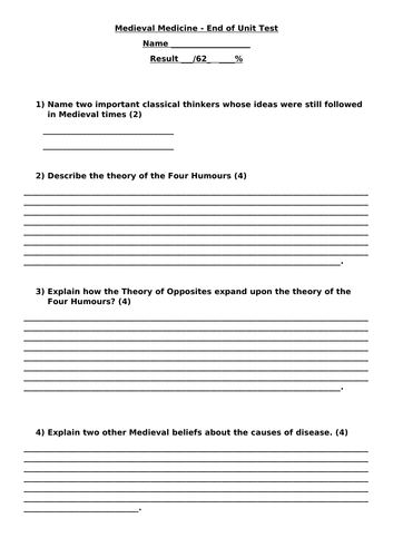 Knowledge check test Medieval Medicine GCSE History | Teaching Resources