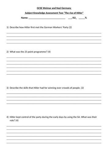 knowledge assessment rise of Hitler GCSE History | Teaching Resources