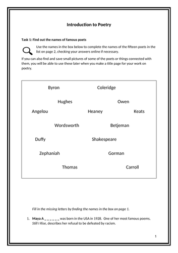 Year 7-8: Introduction to Poetry Unit | Teaching Resources