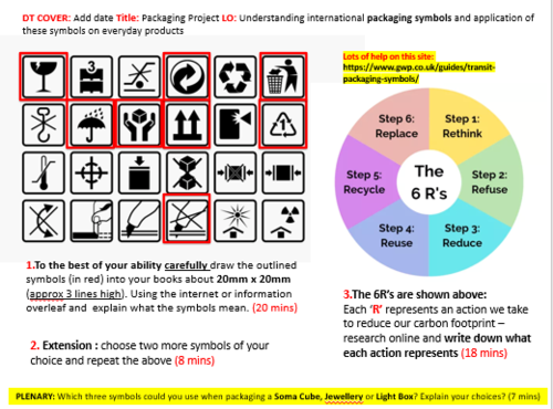 DT Cover Lesson Packaging Symbols & 6Rs. KS3 1 Hr | Teaching Resources