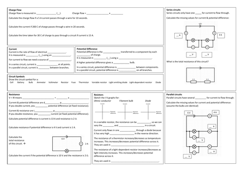Electricity Revision Summary Sheet (A3) with Answers | Teaching Resources