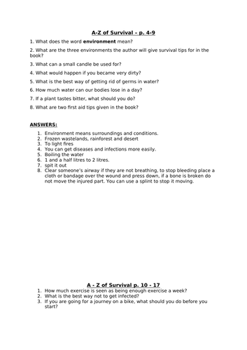 Comprehension - 'A-Z of Survival' | Teaching Resources